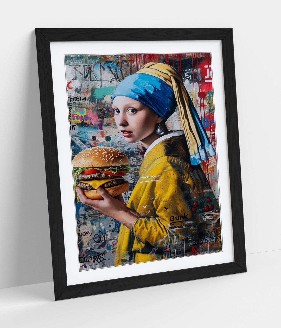 Girl With a Pearl Earring Holding Burger Graffiti Contemporary Wall Art ...