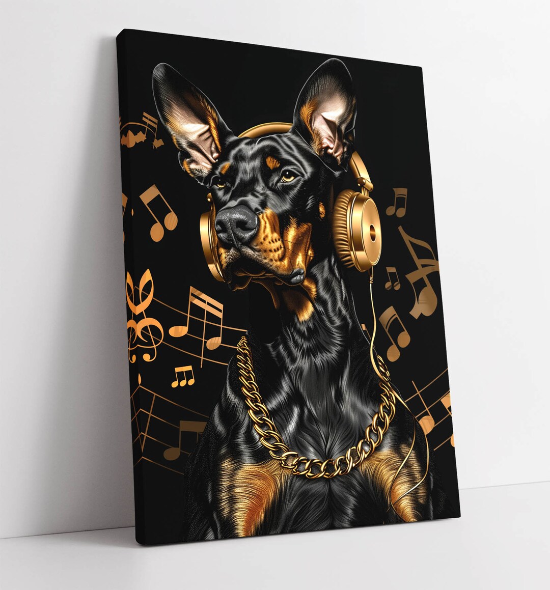 DJ Dobermann mit goldenen Kopfhörern 3 Leinwandbild Bilddruck ...