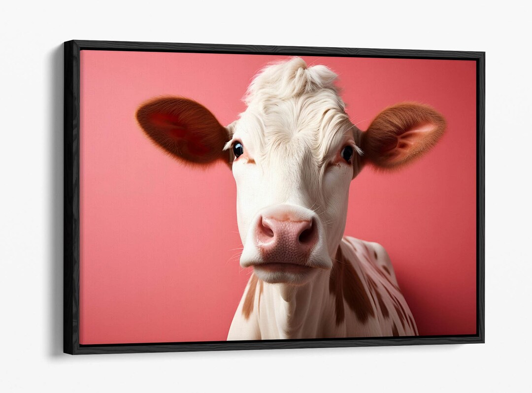 Funny Cow Head Pink Contemporary Wall Art Float Effect Framed Canvas ...