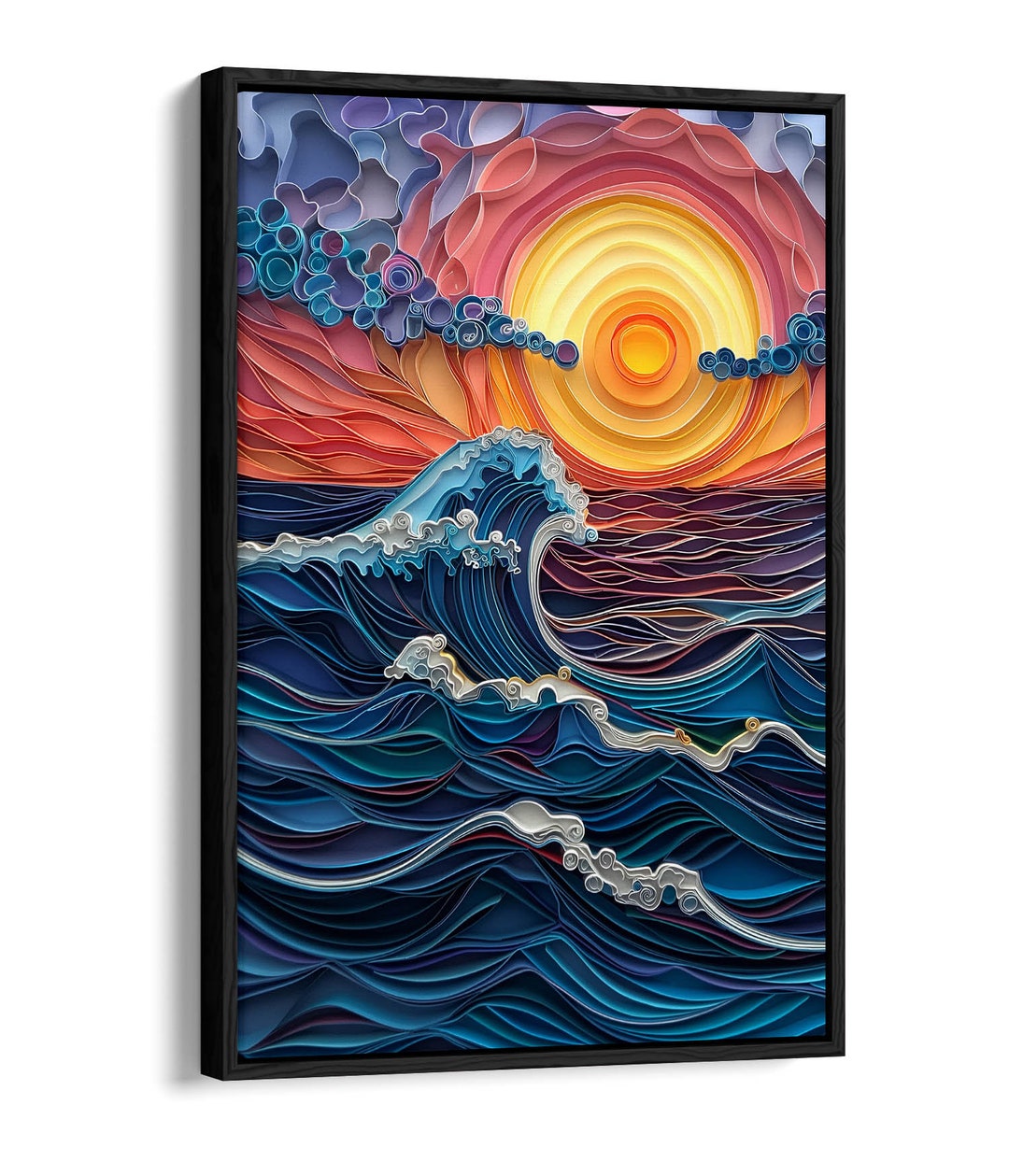 Quilling Sea Waves and Sunset Wall Art Float Effect Framed Canvas Print ...