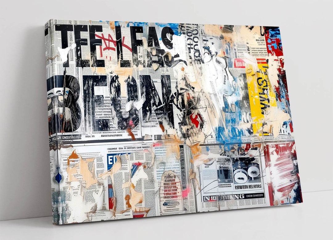 Cool Newspaper Patchwork Graffiti Style Wall Art Framed Canvas Picture ...