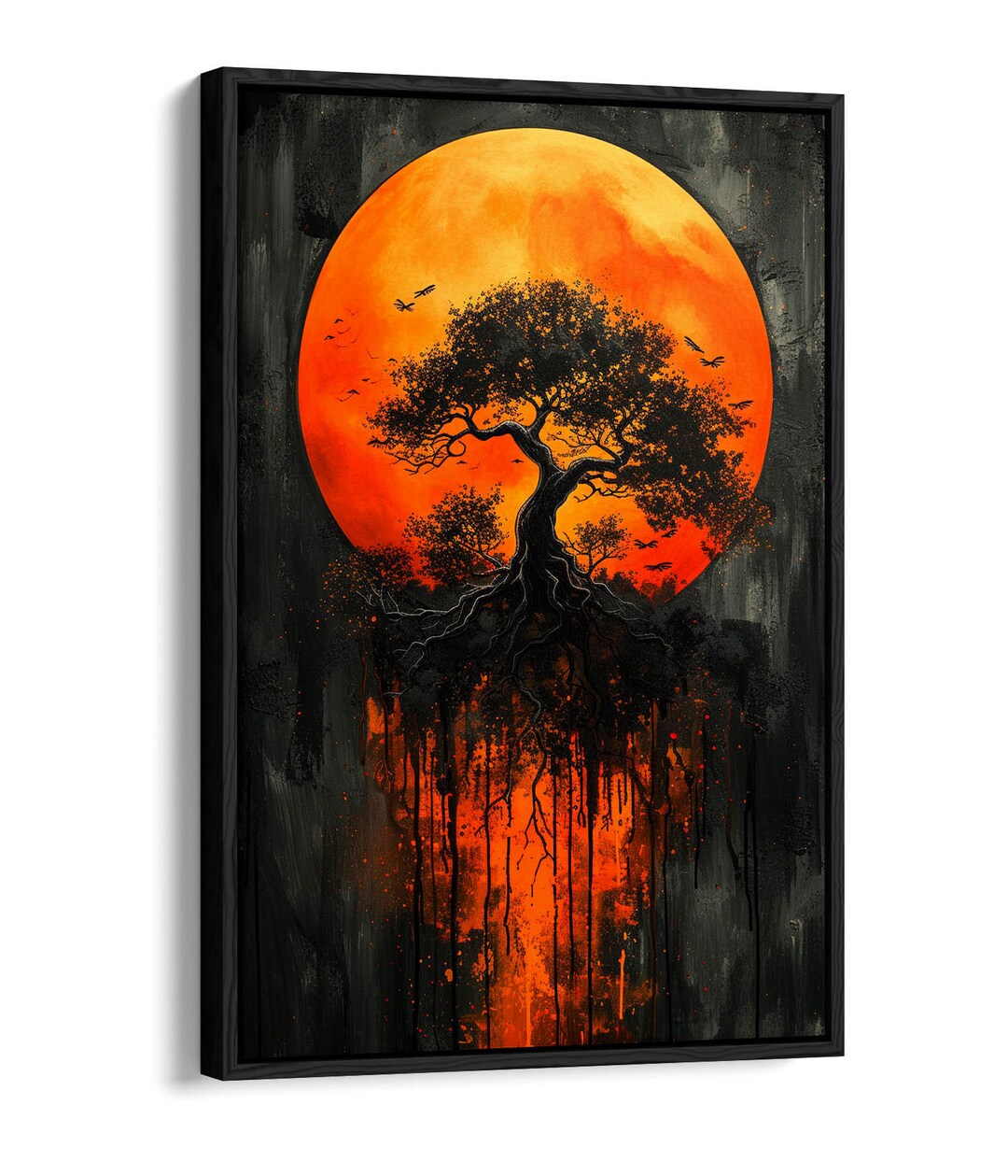 A Black Tree With Orange Moon Art Float Effect Framed Canvas Print - Etsy