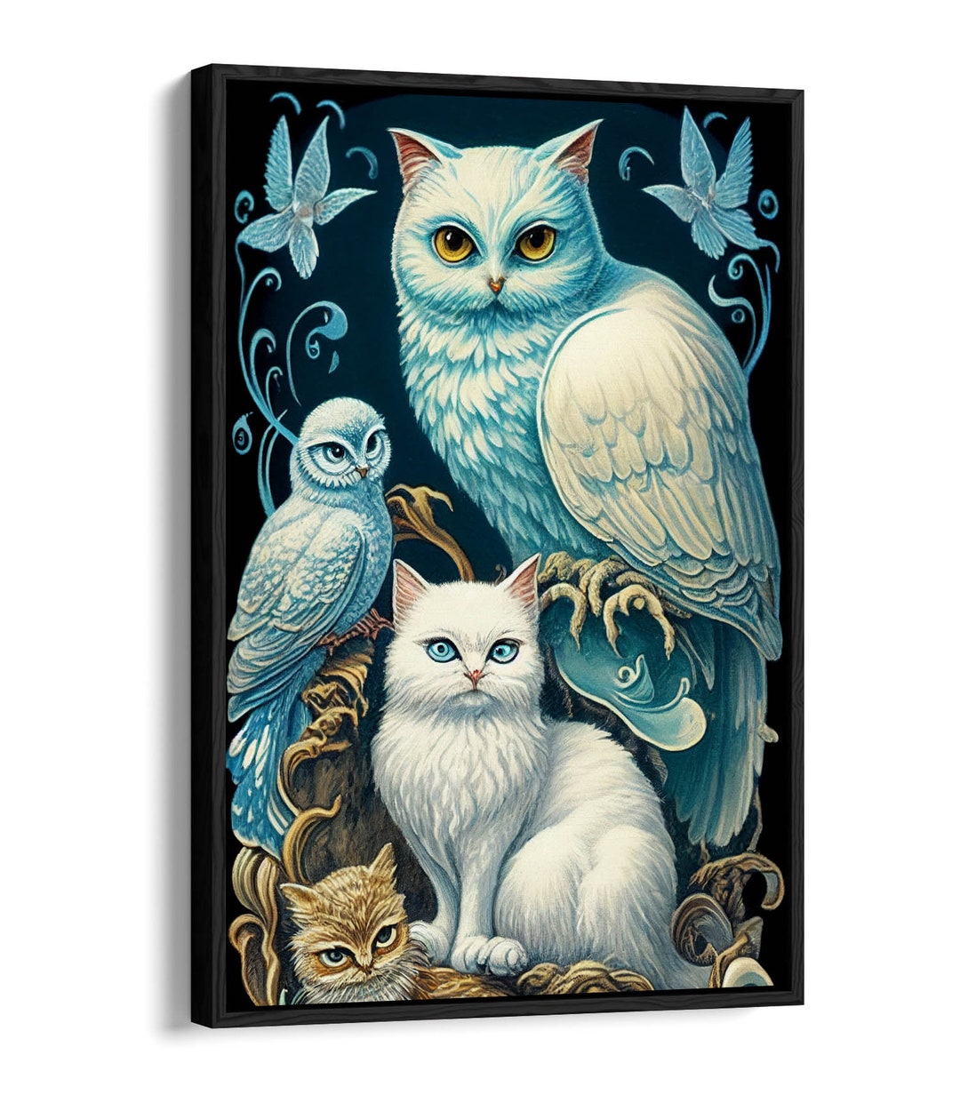 Owls and White Cats Art Float Effect Framed Canvas Print - Etsy