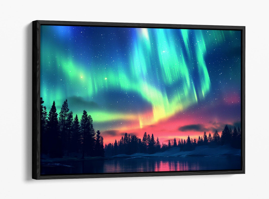 Beautiful Northern Lights Lake Landscape Contemporary Wall Art Float ...
