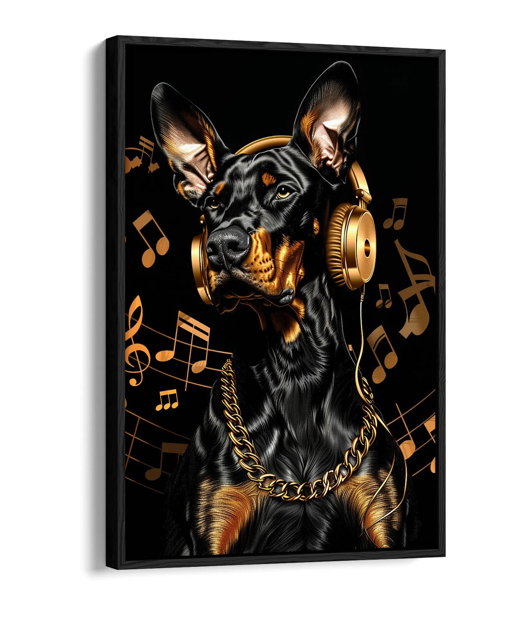DJ Doberman With Gold Headphones 3 Art Float Effect Framed Canvas Print ...