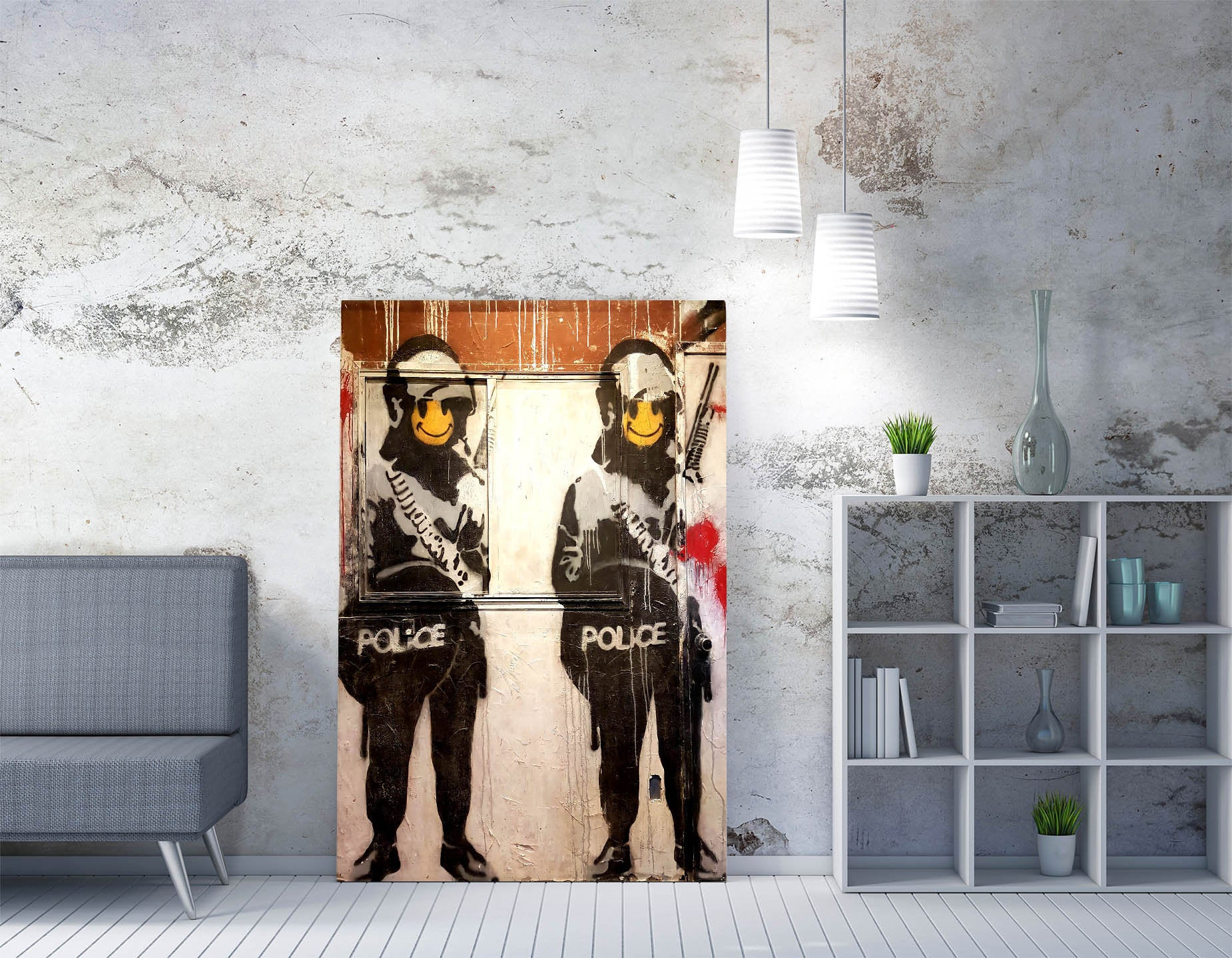 Banksy Smiley Riot Police stunning Framed Landscape Canvas Art Print ...