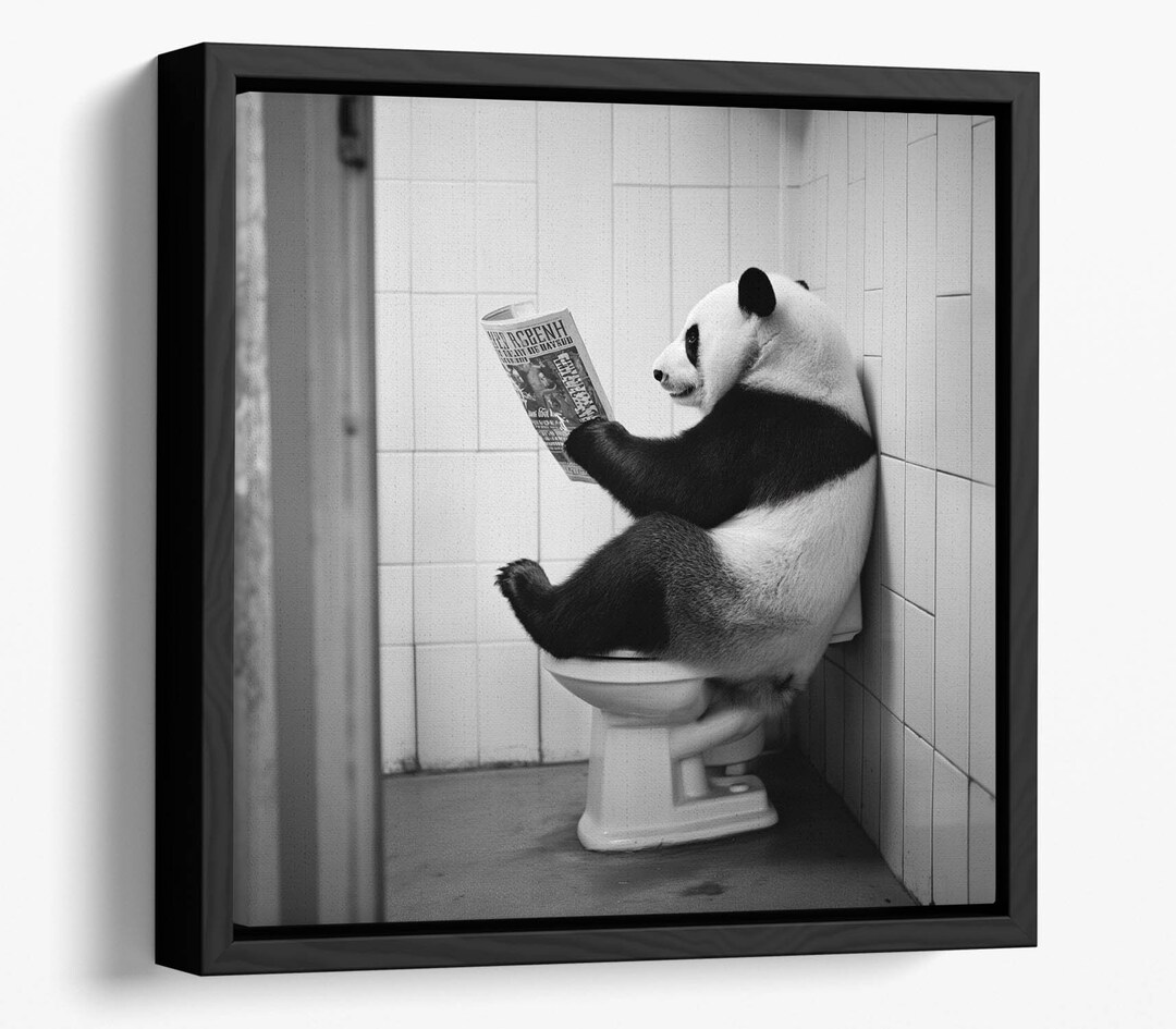 Panda Sitting on the Toilet Reading a Newspaper Square Wall Art Float ...
