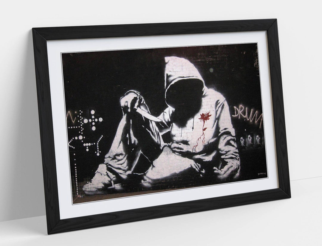 Banksy Hooded Knifeman stunning Framed Landscape Art Print, Graffiti ...