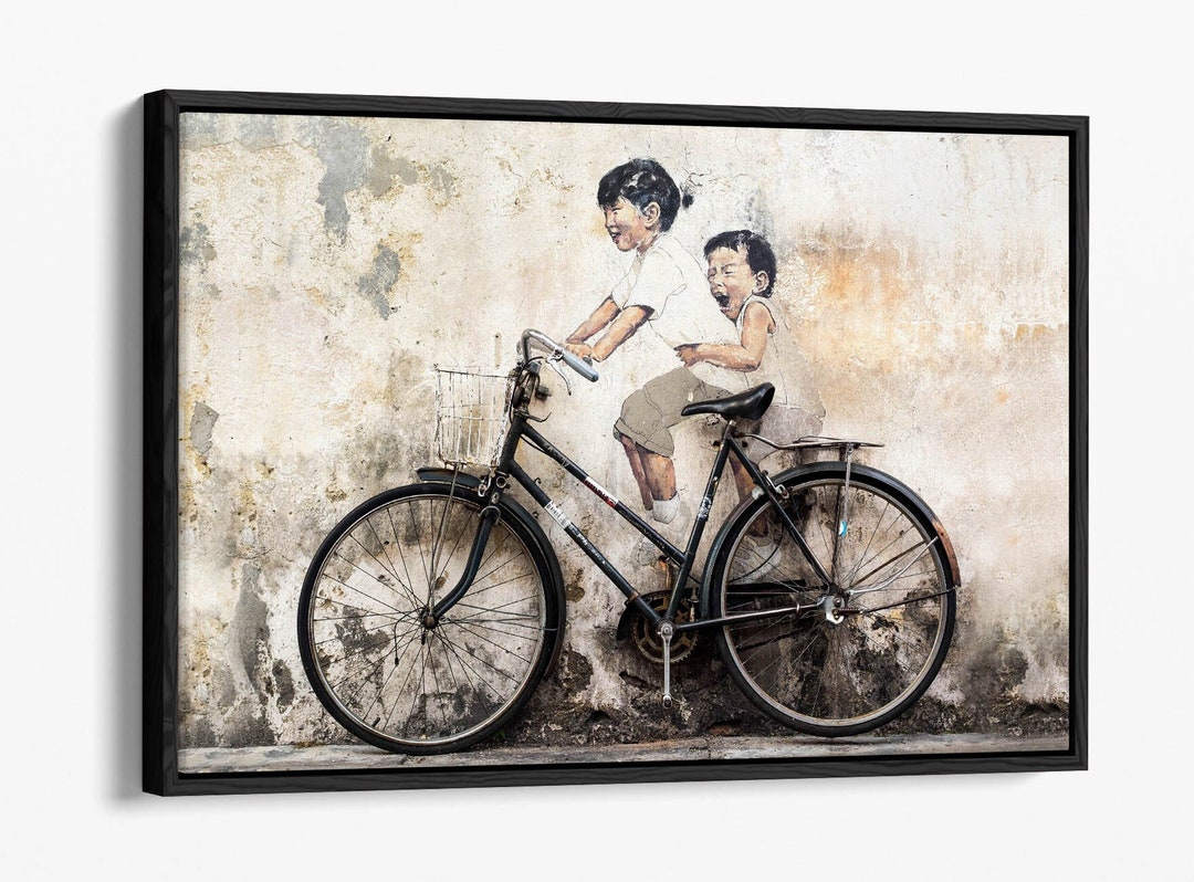 Banksy Kids on Bike Graffiti gallery Wrapped Canvas Art Print Float Frame, Black, White, Walnut ...