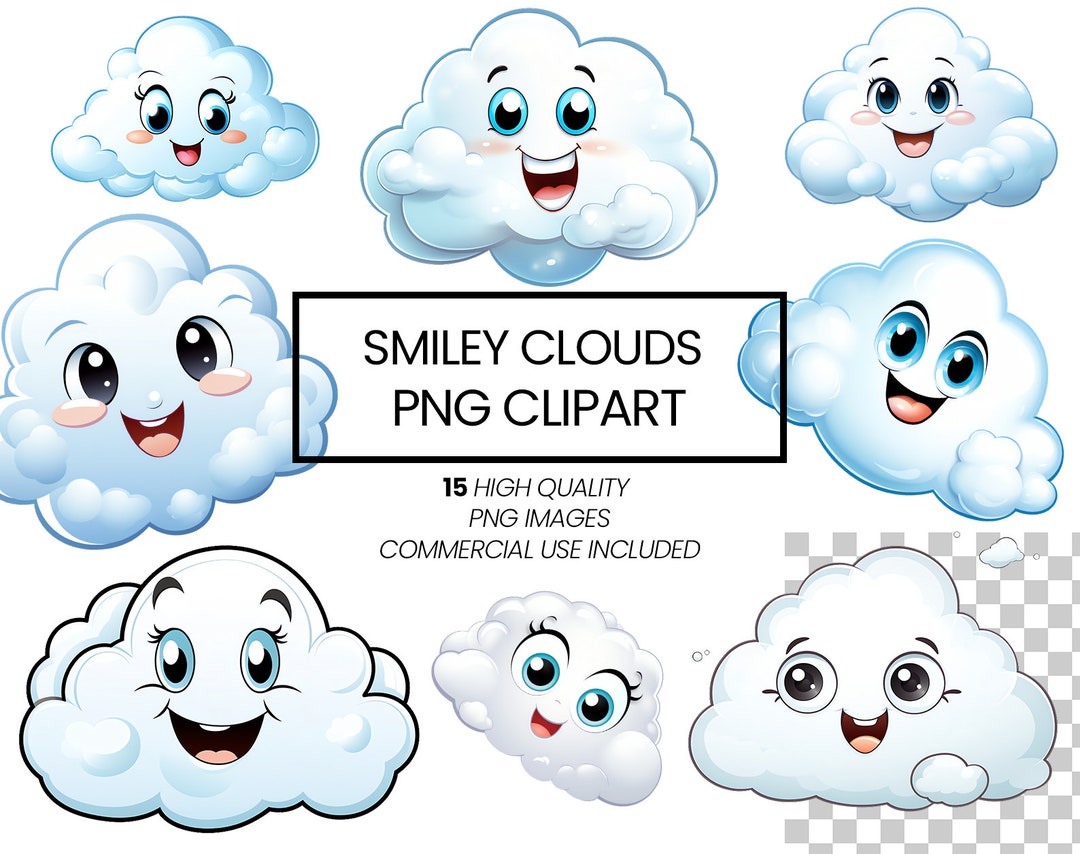 Happy Smiley Clouds Clipart: 15 High-quality PNG Files 4096x4096 Px ...