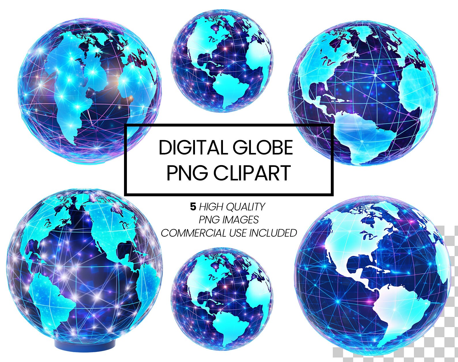 Retro Tech Digital Globe Clipart: 5 High-quality PNG 4096x4096, Instant ...
