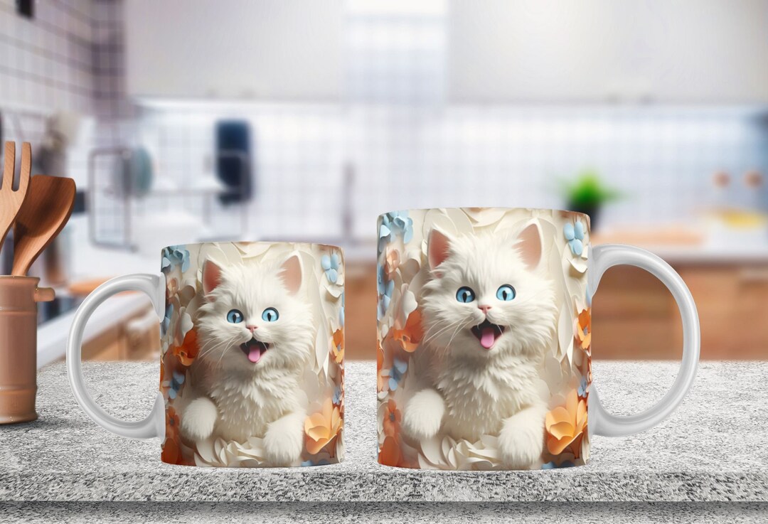 3D White Cat Mug, Bright Floral Mug Wrap, Cat Mug Design, 3D Flower Mug ...