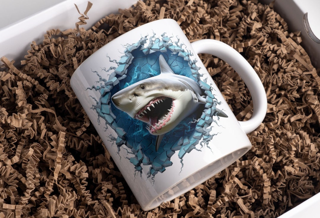 3D Sharks in the Ocean Mug Wrap Sublimation, 3D White Shark Crack Hole ...