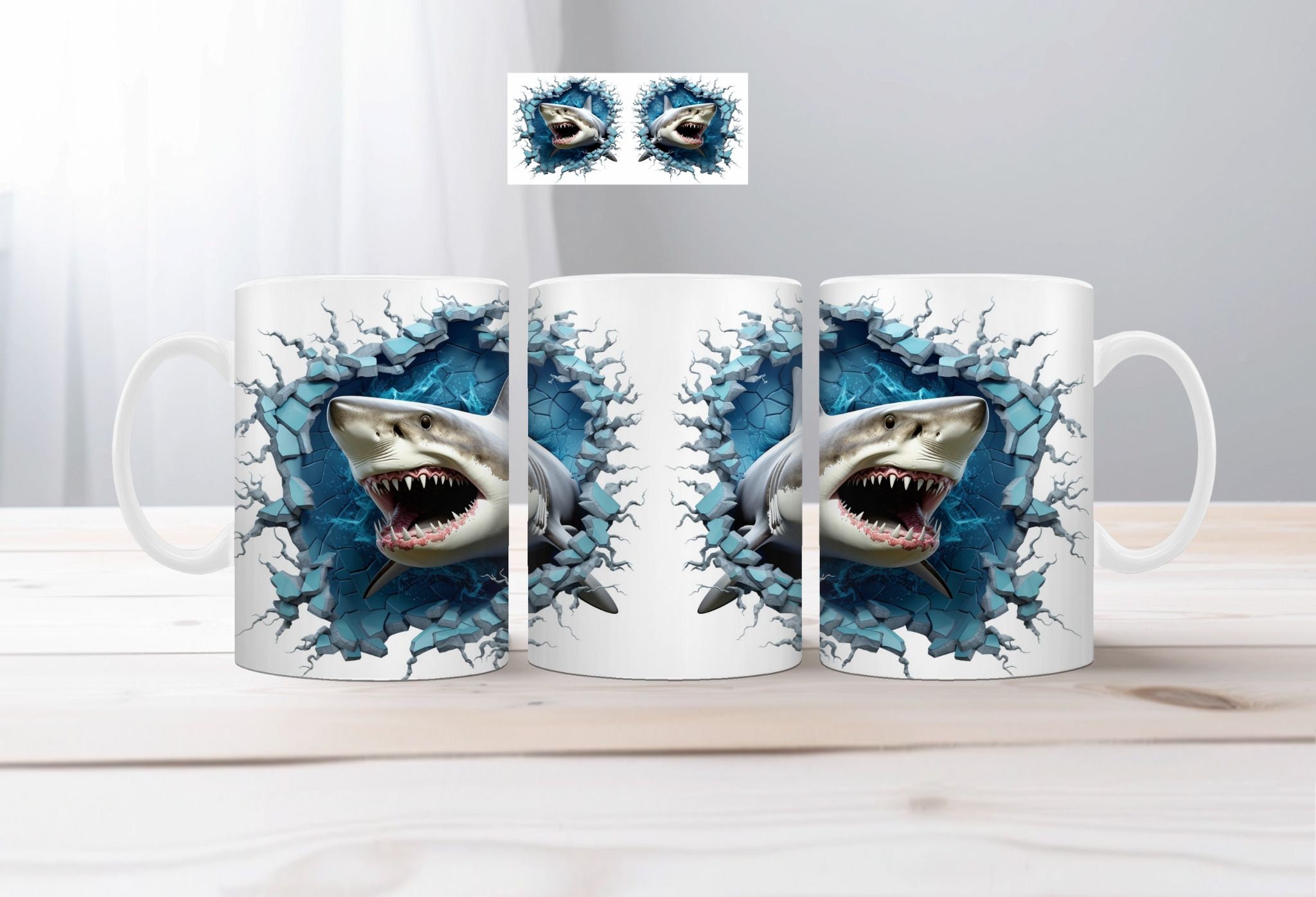 3D Sharks in the Ocean Mug Wrap Sublimation, 3D White Shark Crack Hole ...