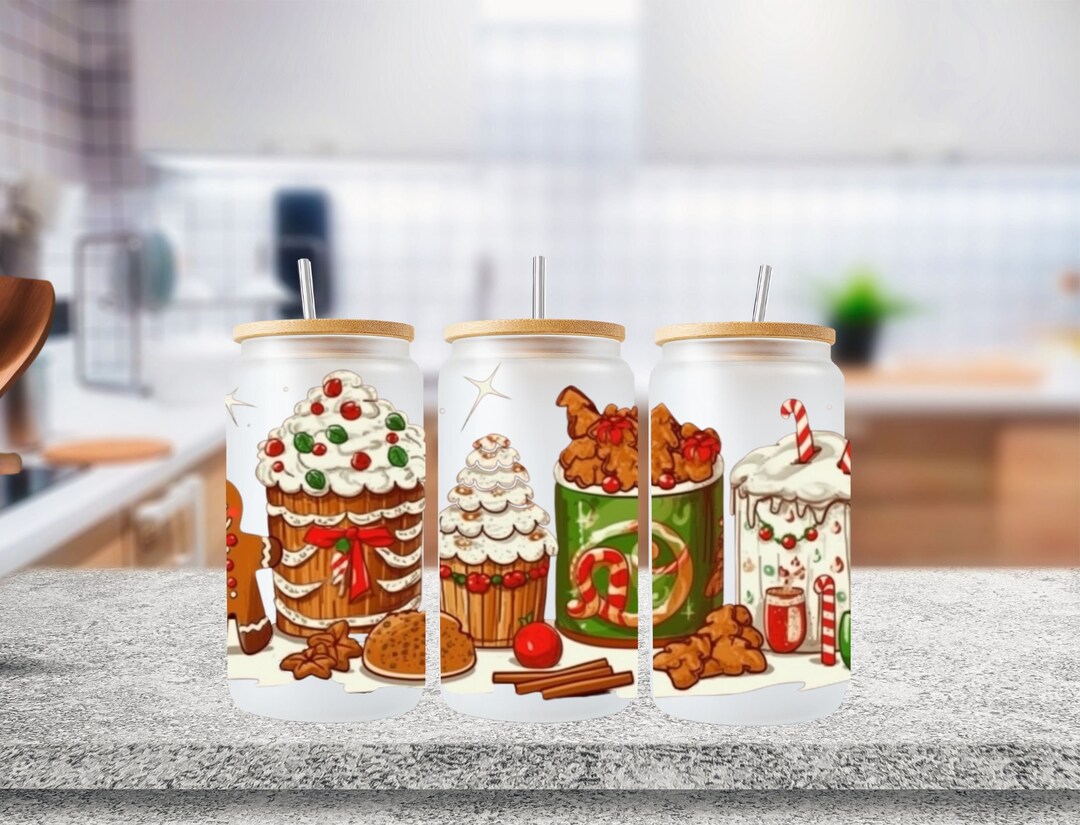 Gingerbread Christmas 16oz Libbey Glass Can, Christmas Vibes Frosted ...