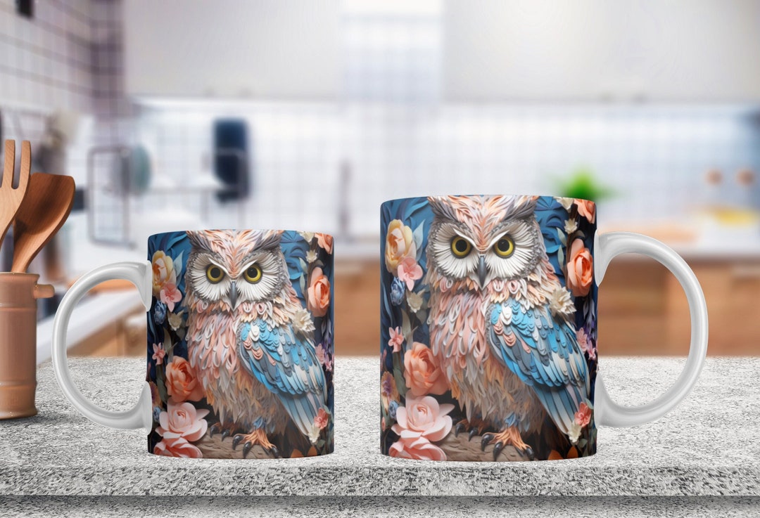 3D Owl Mug, Bright Floral Mug Wrap, 3D Owl Mug Design, 3D Flower Mug ...