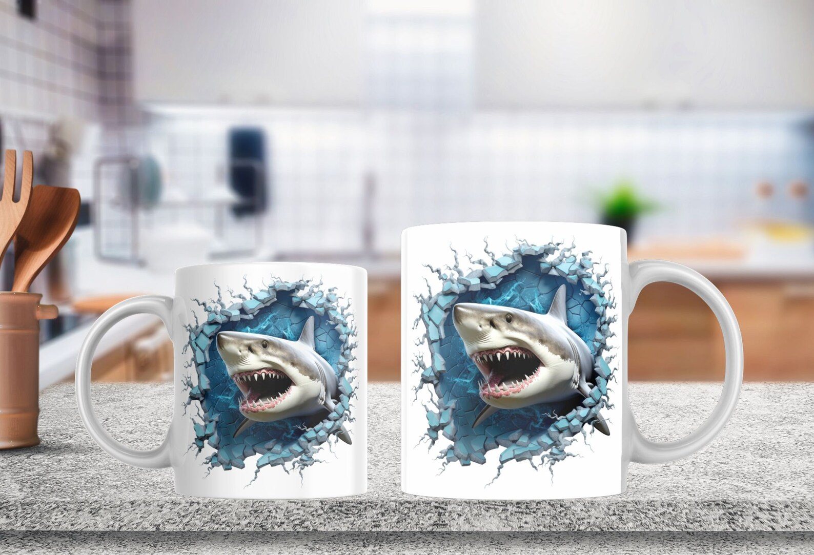3D Sharks in the Ocean Mug Wrap Sublimation, 3D White Shark Crack Hole ...