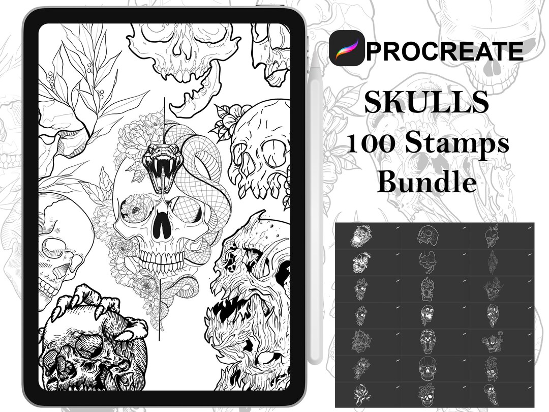 Procreate - 100 Skulls and Bones Stamps, Hand Drawn and Digitized ...