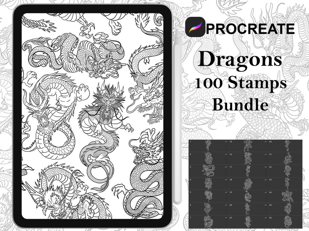 Procreate - 100 Dragons Tattoo Stamps, Hand Drawn and Digitized Images ...