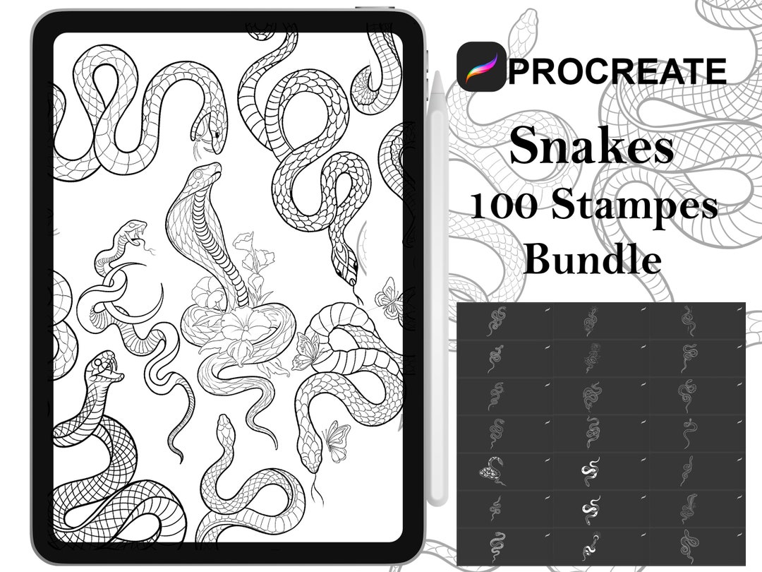 Procreate - 100 Snakes and Reptiles Stamps, Hand Drawn and Digitized ...