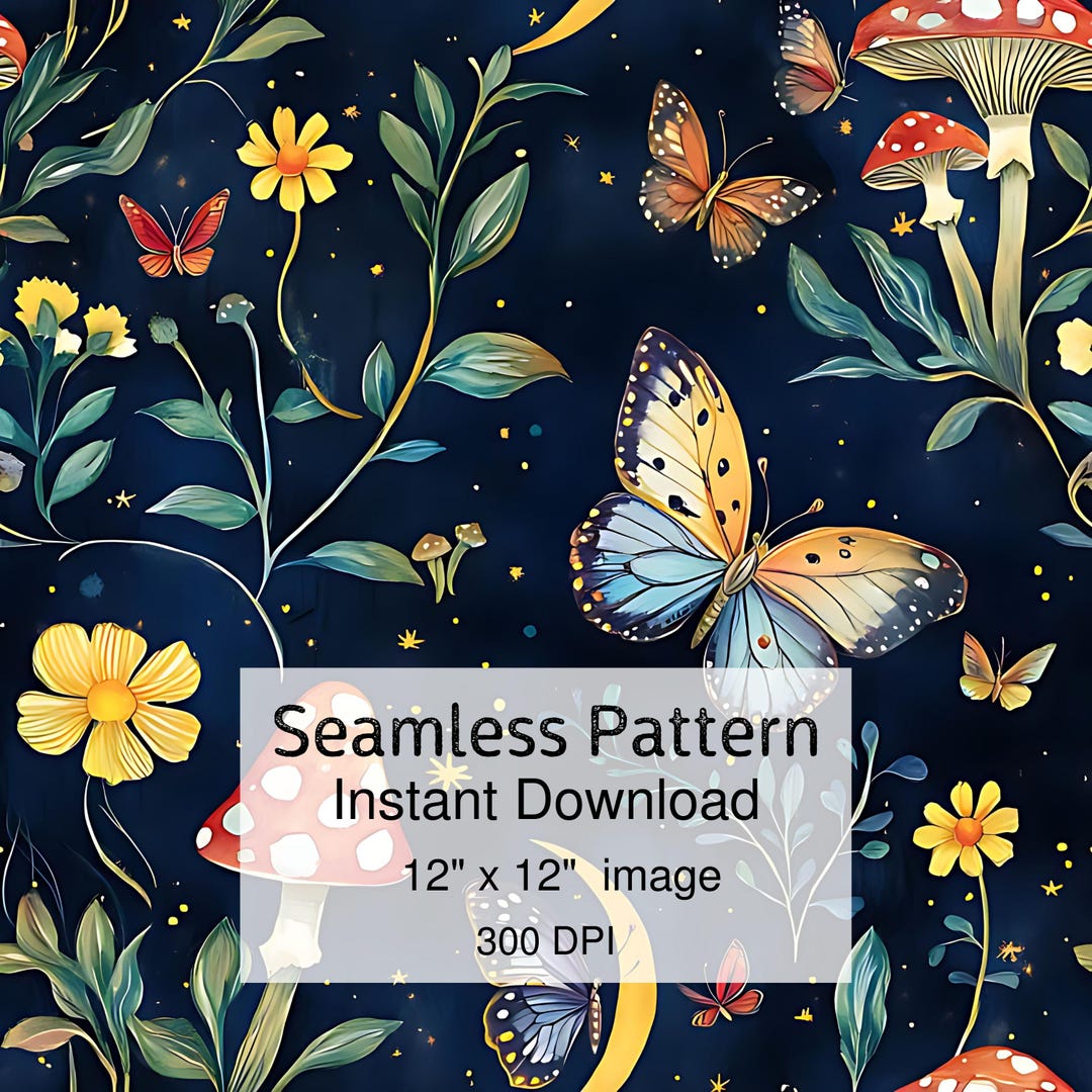 Botanical Night Garden Seamless Pattern With Flowers and Butterflies ...