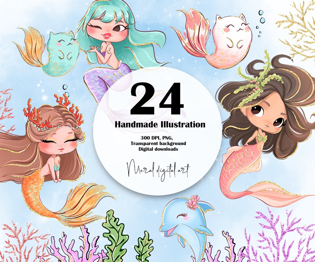 Mermaid and Merkitty Png Clipart, in the Ocean With Glitter, Seahorse ...