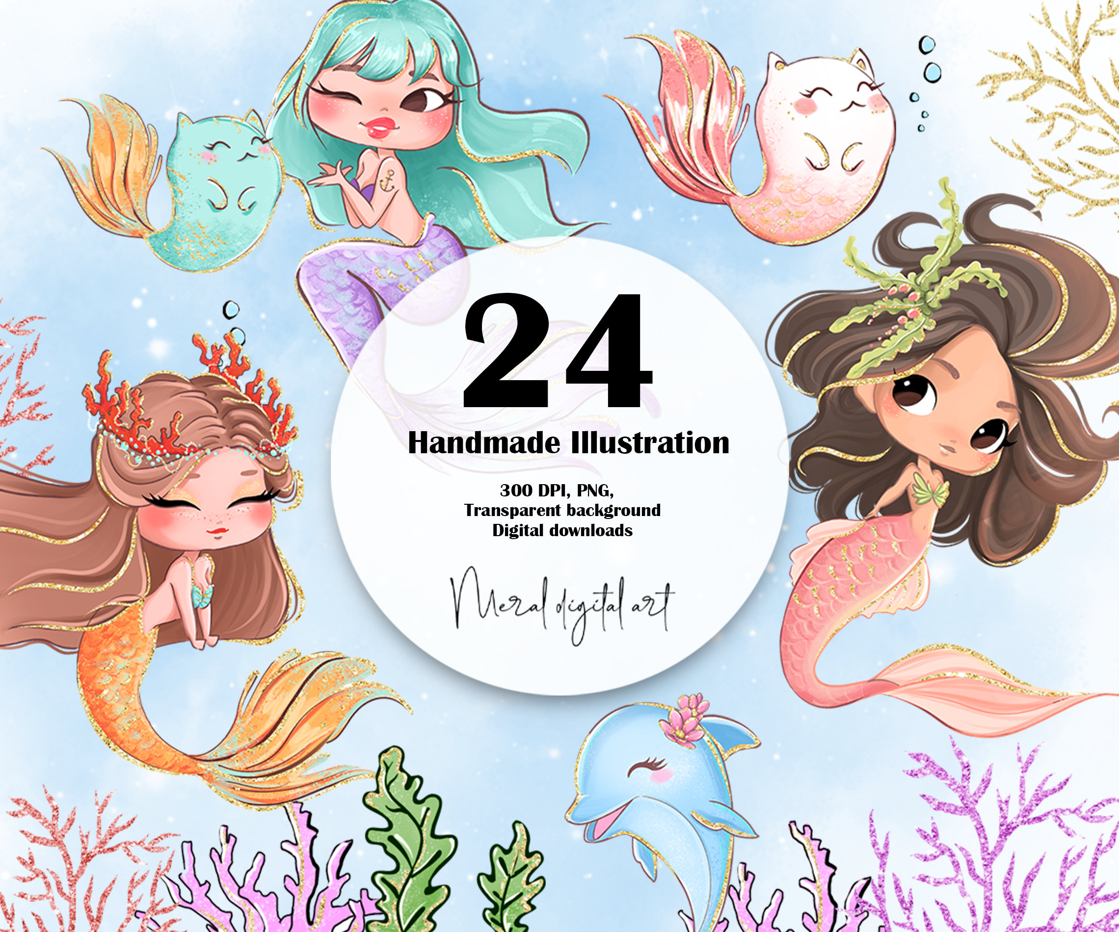 Mermaid and Merkitty Png Clipart, in the Ocean With Glitter, Seahorse ...