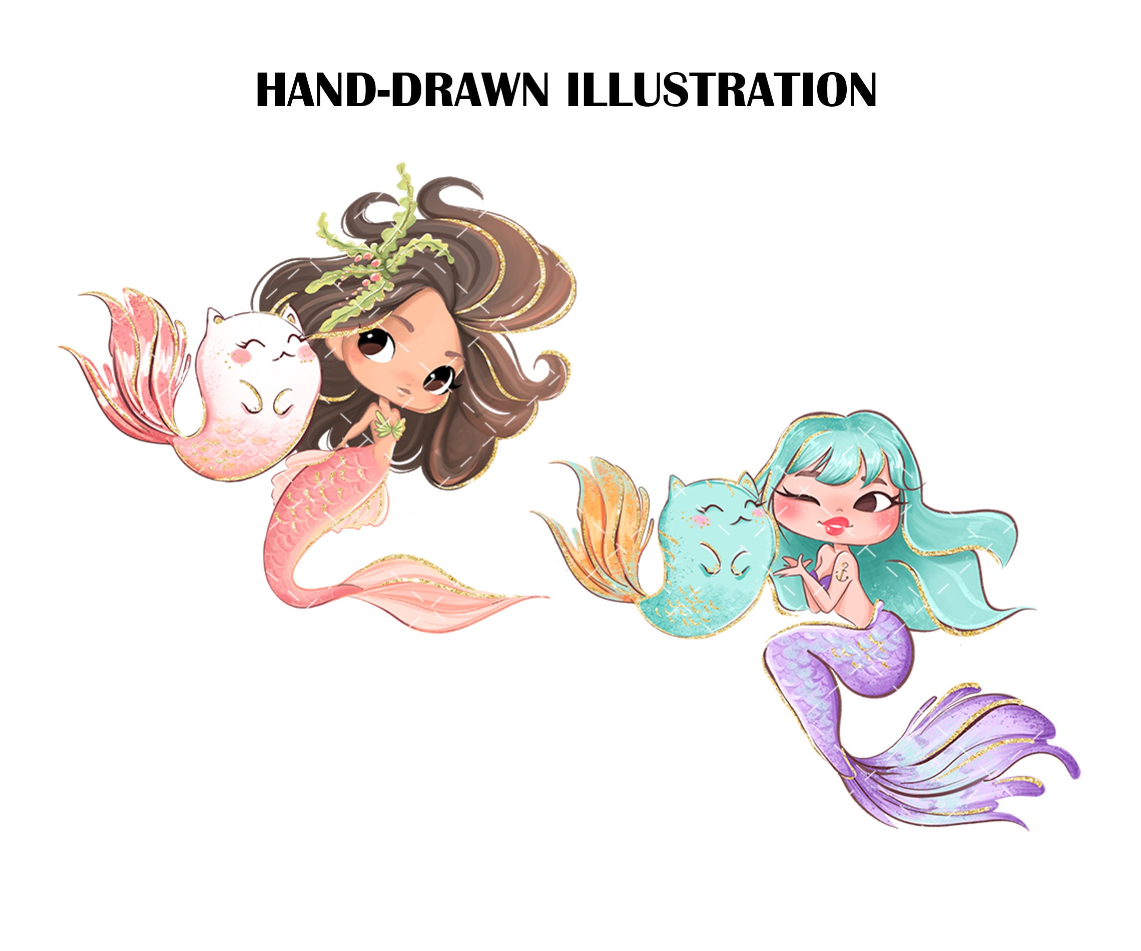 Mermaid and Merkitty Png Clipart, in the Ocean With Glitter, Seahorse ...