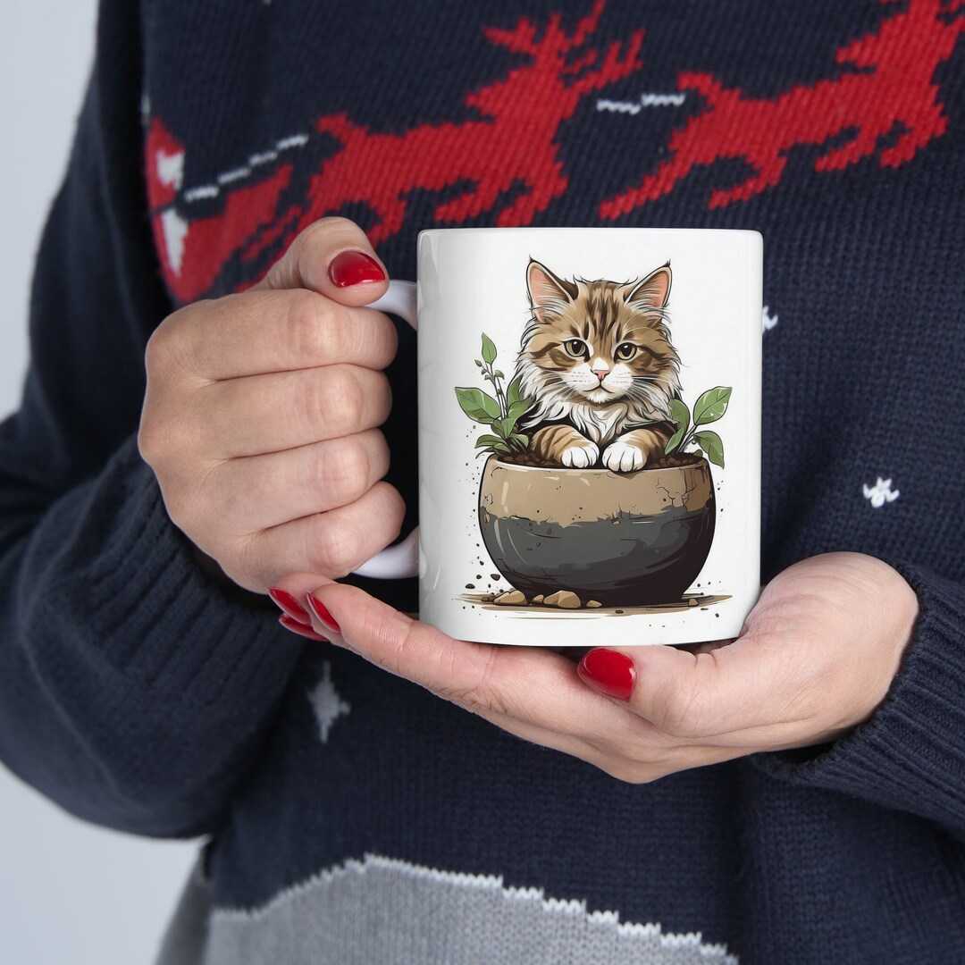 Cute Cat Tipped Over Pot Coffee Mug, Cat Lovers, Cat Mug, Cute Cat Mug ...