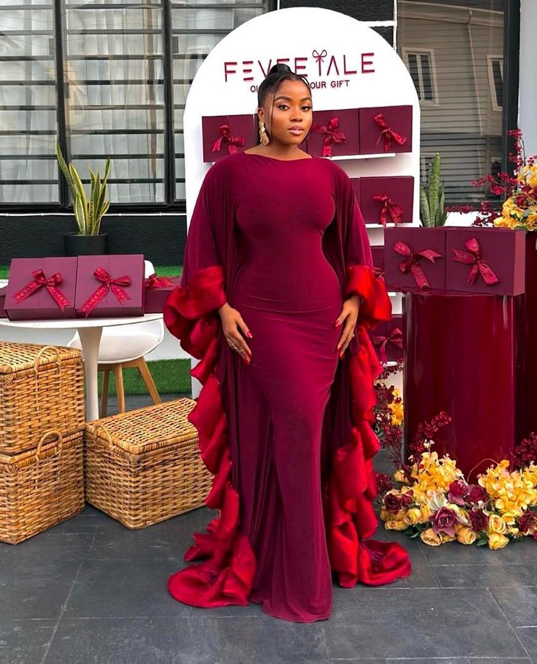 Cherry Crepe Kaftan, Rich Aunty Lustrous Dress, Wedding Guest Gown ...