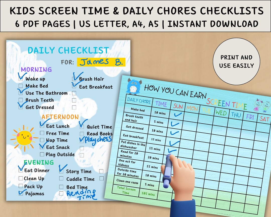 Screen Time Chart Screen Time Chart Checklist Kids Chore Chart Kids ...