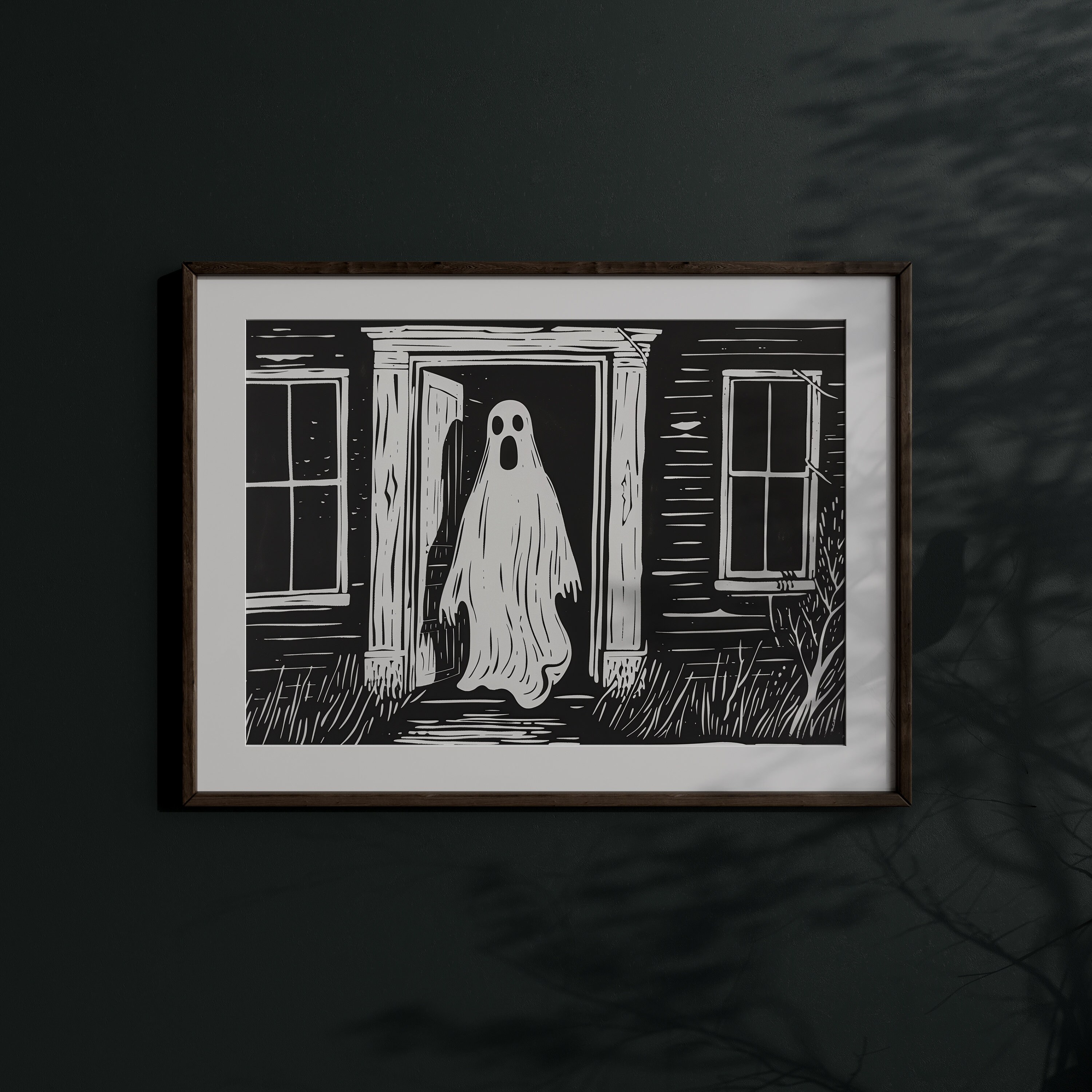 Ghost Linocut Print Halloween Poster, Vintage Gothic Ghost Painting ...