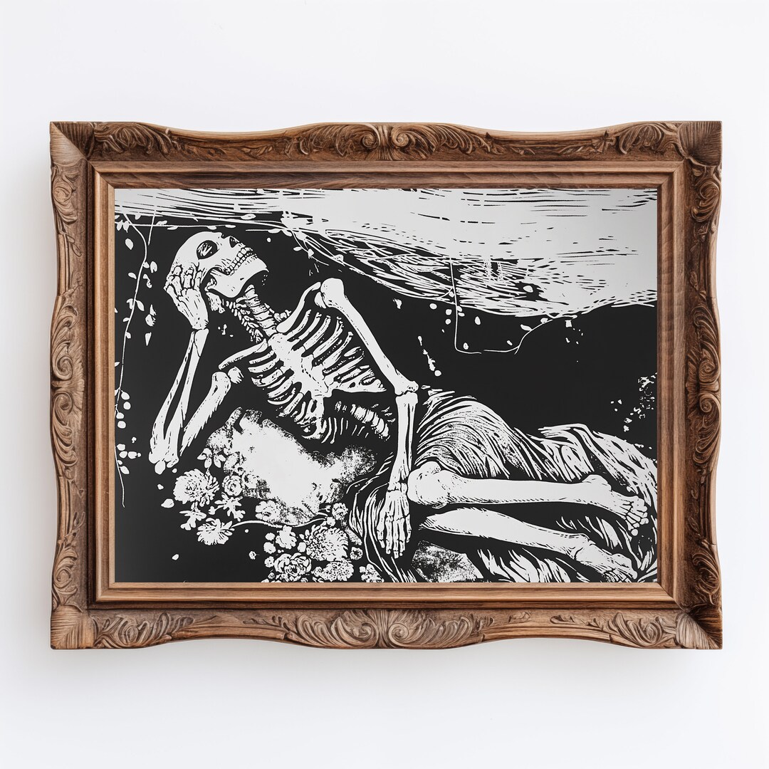 Skeleton Bride | Victorian Goth Linocut Print Decor, Spooky Halloween ...