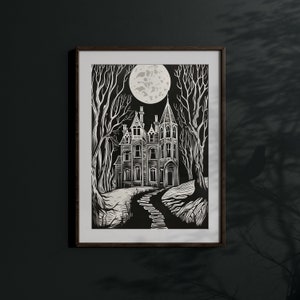 Haunted Mansion Linocut Print: Gothic Victorian House Wall Art (digital ...