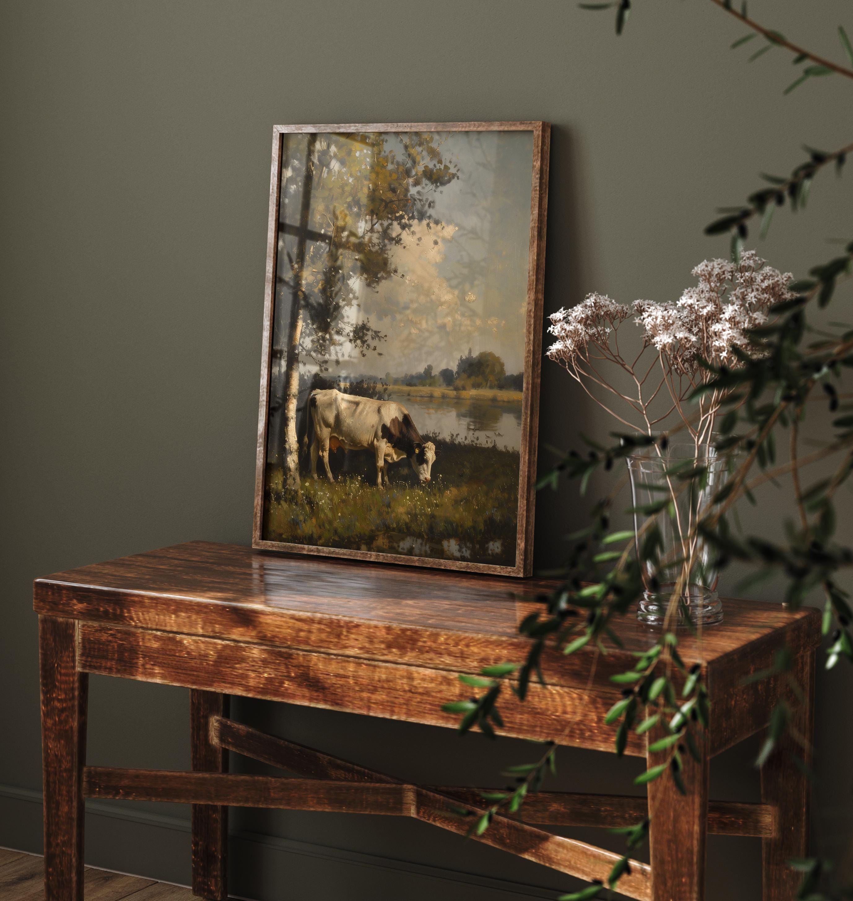 Grazing Cow | Vintage Cottagecore Cow Painting Print, Rustic Country ...