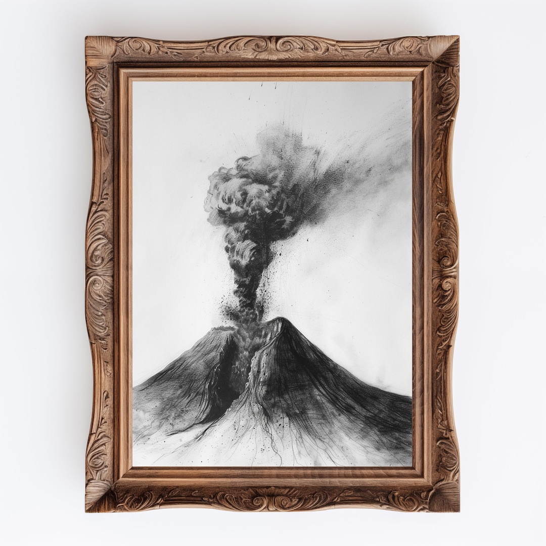 Volcano | Vintage Sketch Printable Art Poster, Light Academia Neutral ...