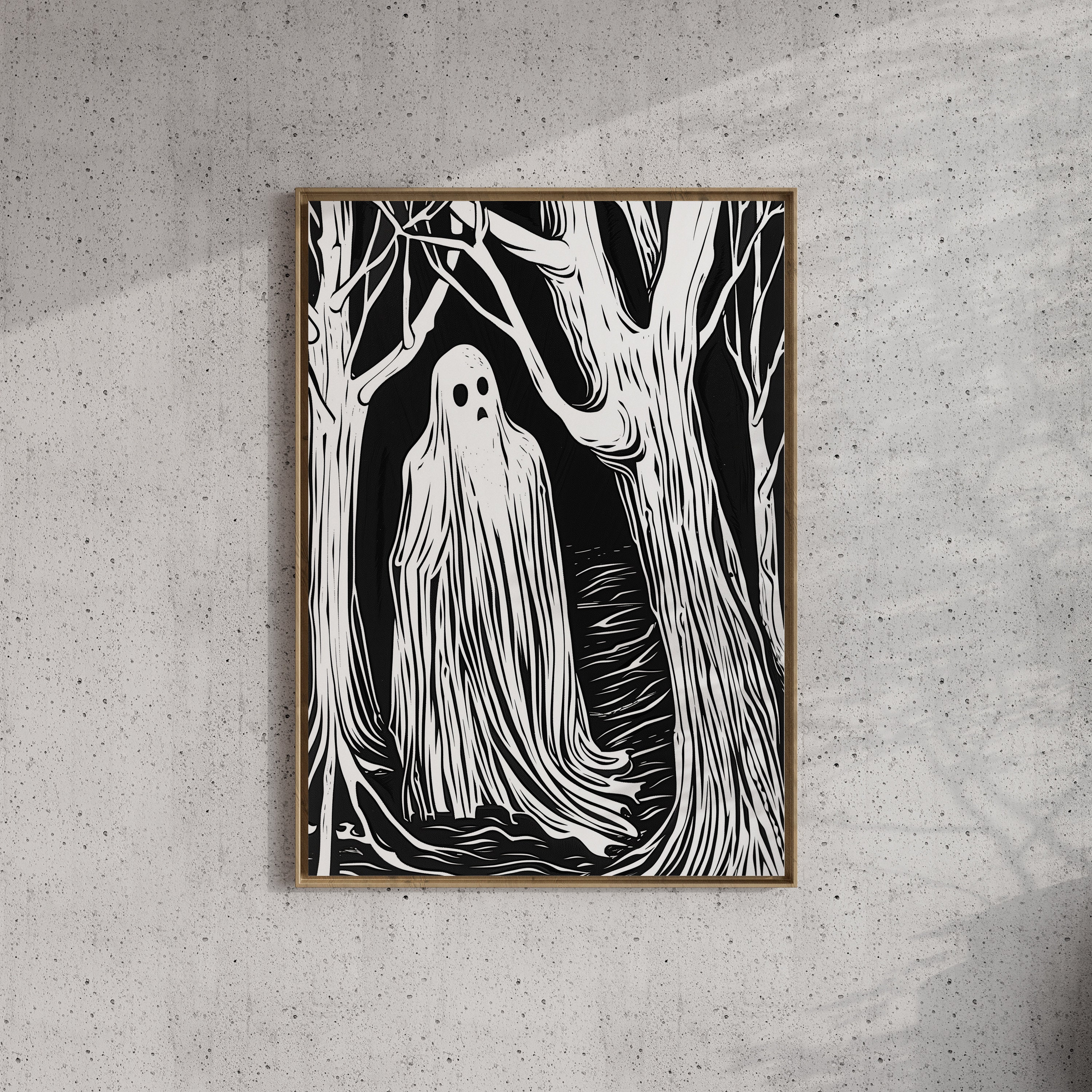 Ghost in the Woods | Vintage Ghost Linocut Art Print, Spooky Kids ...