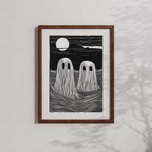 Ghost Fellas | Whimsical Ghost Linocut Print, Vintage Spooky Halloween Wall Art Decor - Etsy