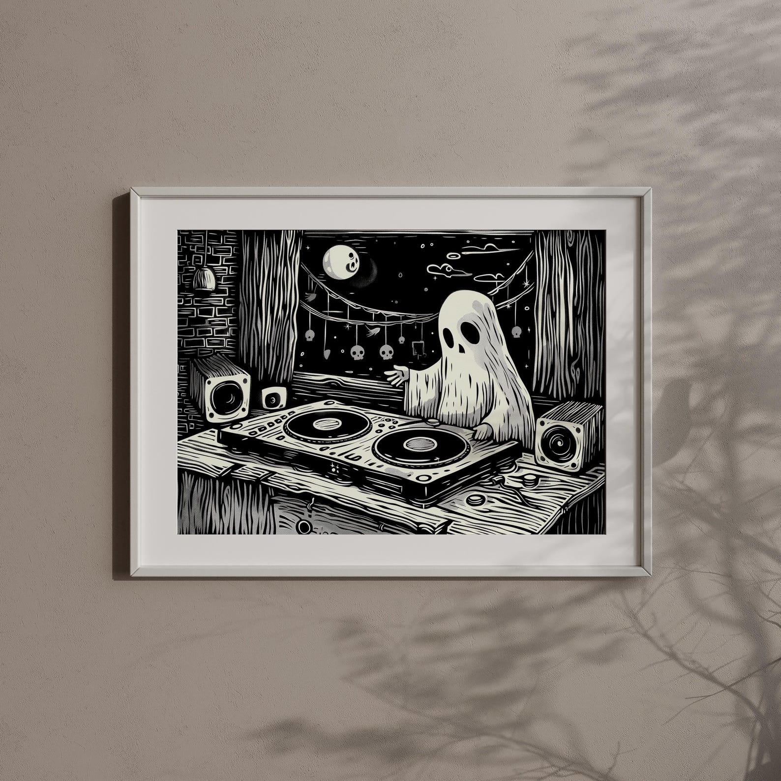 DJ Ghost Linocut Print: Funny Goth Halloween Art (digital Download) - Etsy