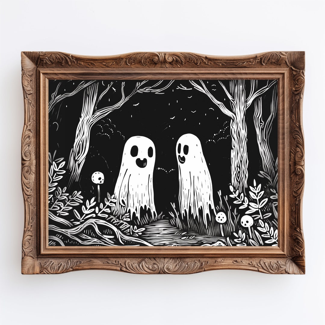 Ghost Friends | Funny Ghost Linocut Print, Whimsical Ghost Halloween ...
