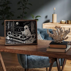 Ghost is a DJ Linocut Print Goth Wall Decor, Funny DJ Ghost Halloween ...