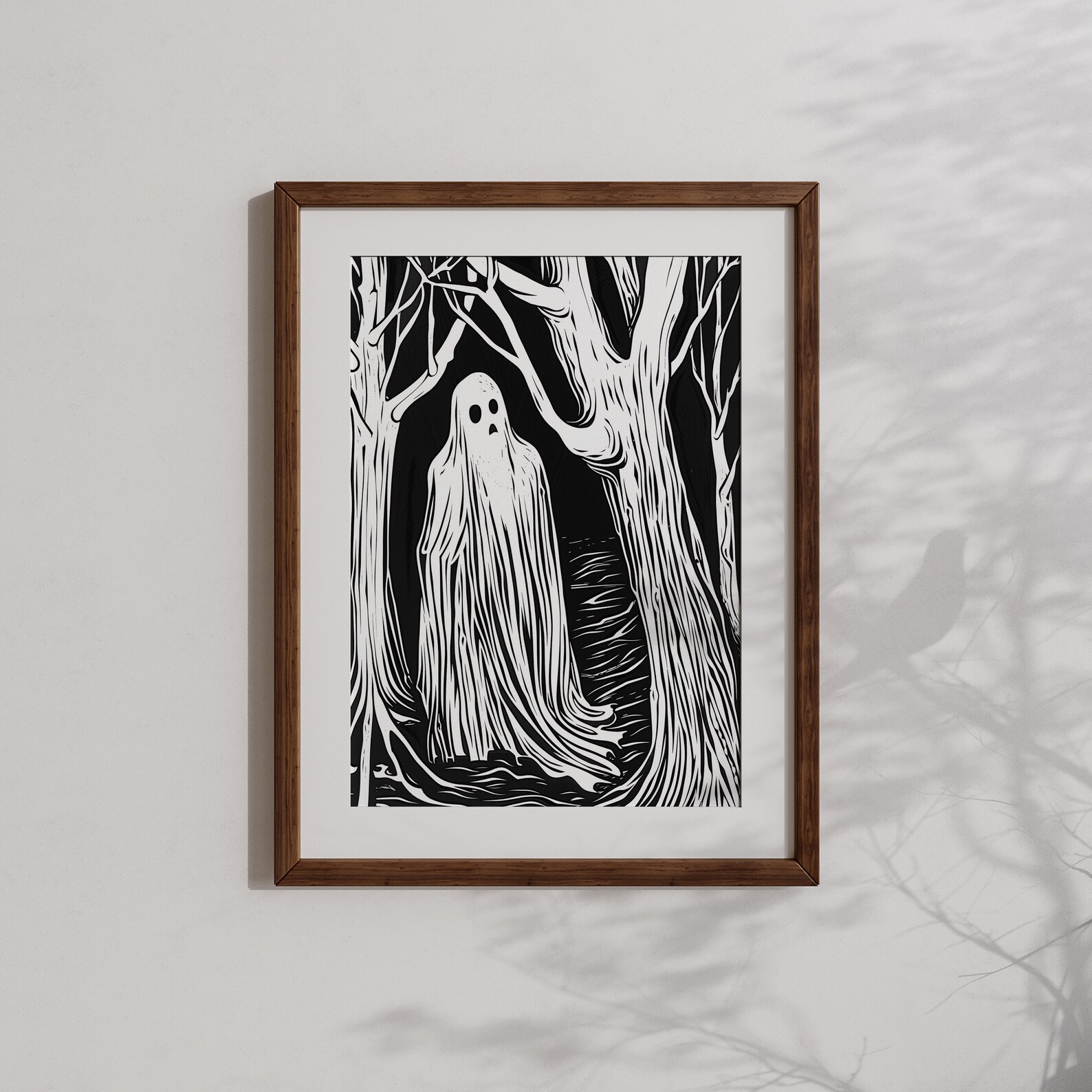 Ghost in the Woods | Vintage Ghost Linocut Art Print, Spooky Kids ...