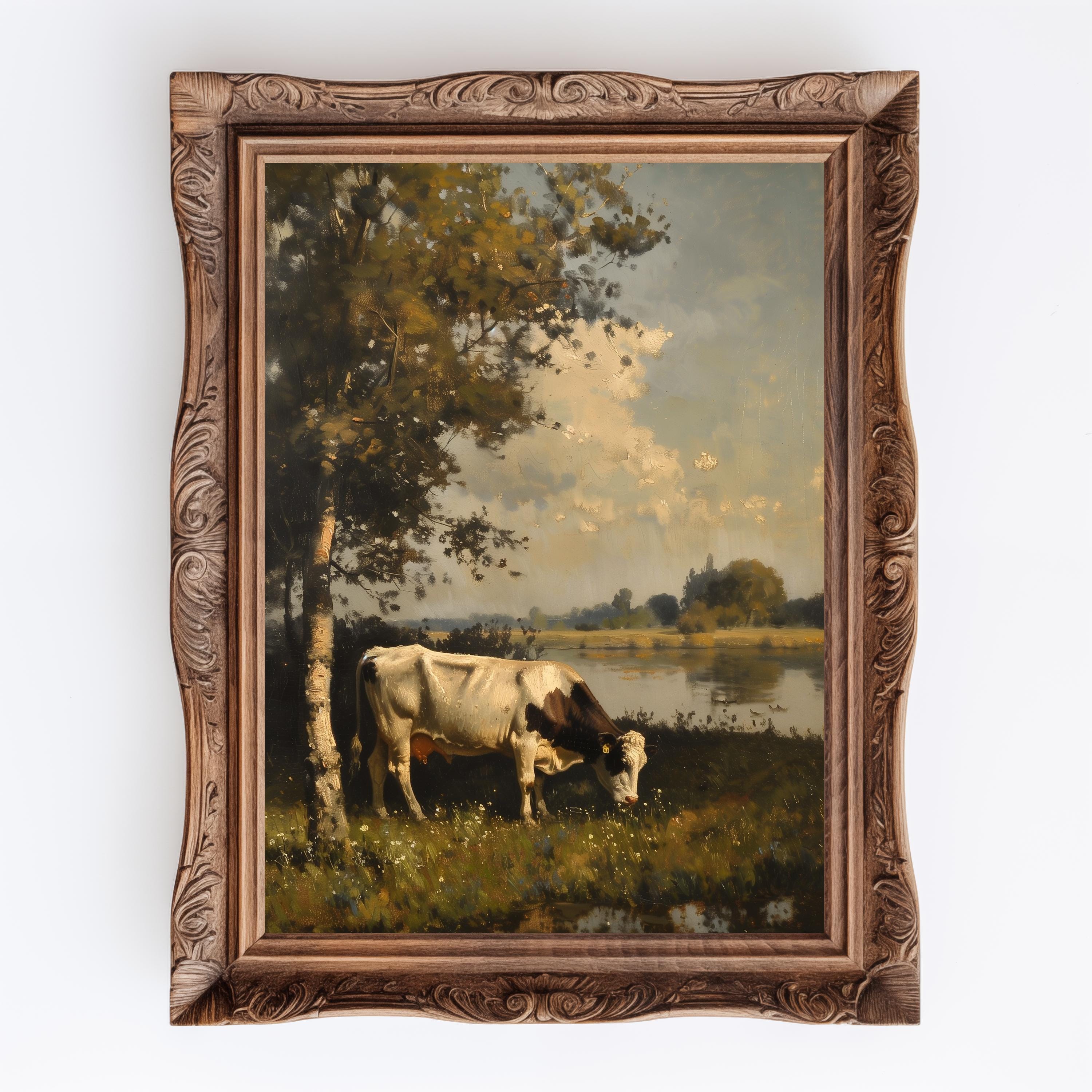 Grazing Cow | Vintage Cottagecore Cow Painting Print, Rustic Country ...
