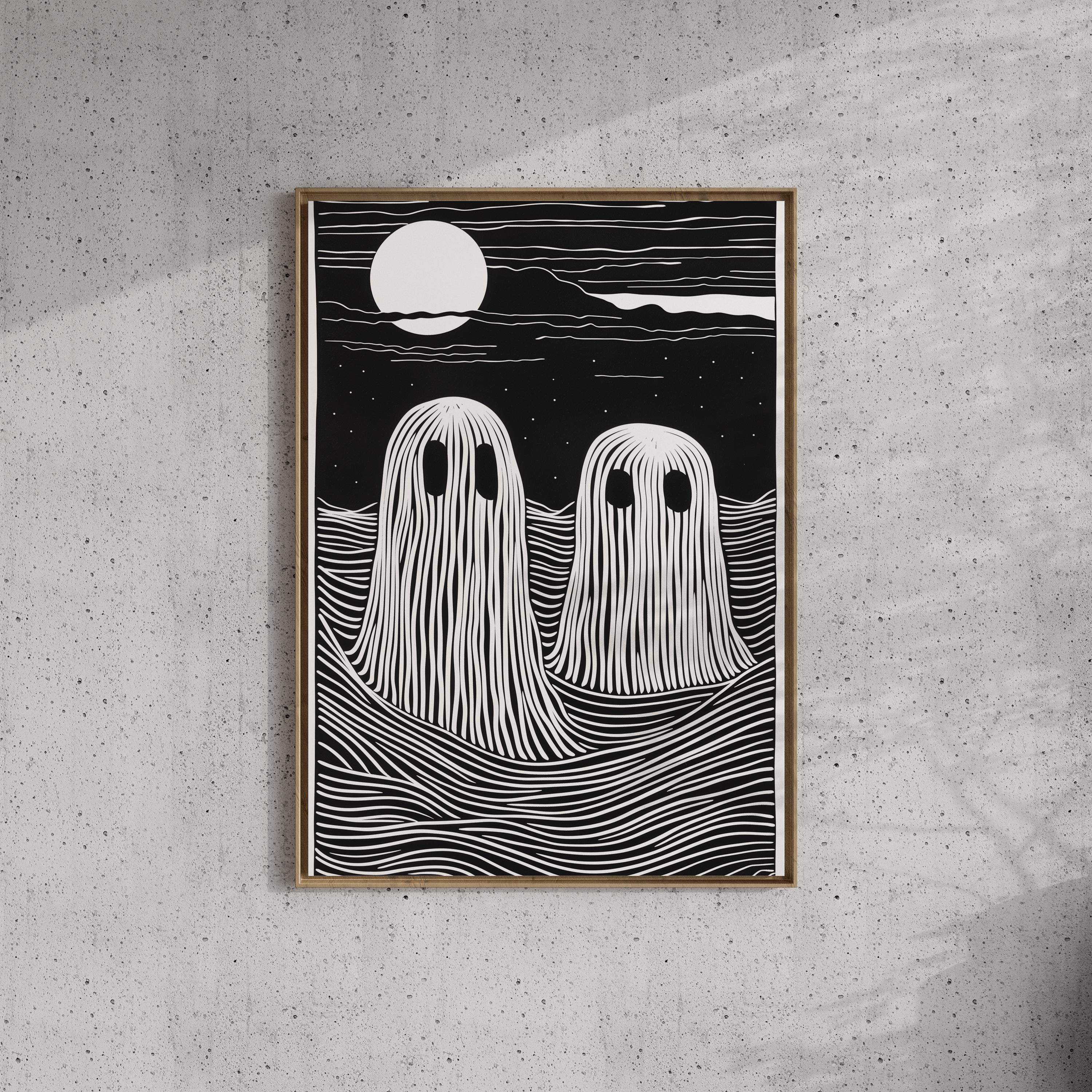 Ghost Fellas Whimsical Ghost Linocut Print, Vintage Spooky Halloween ...
