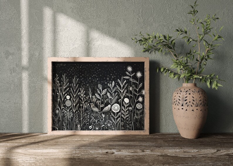 Nightingale | Folk Art Birds, Large Wall Art, Cottagecore Decor, Lino ...
