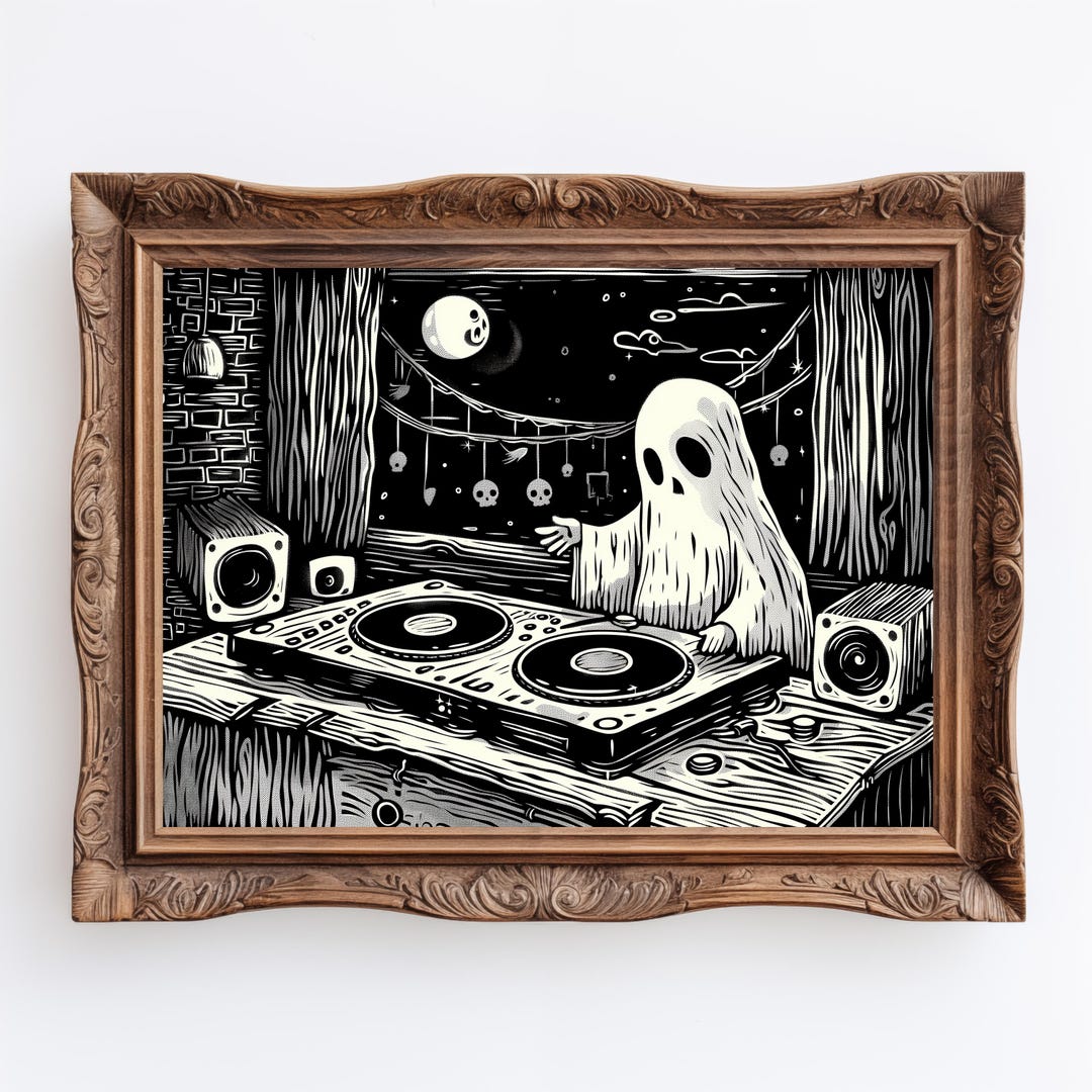 Ghost is a DJ Linocut Print Goth Wall Decor, Funny DJ Ghost Halloween ...