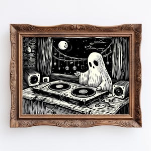 Ghost is a DJ Linocut Print Goth Wall Decor, Funny DJ Ghost Halloween ...