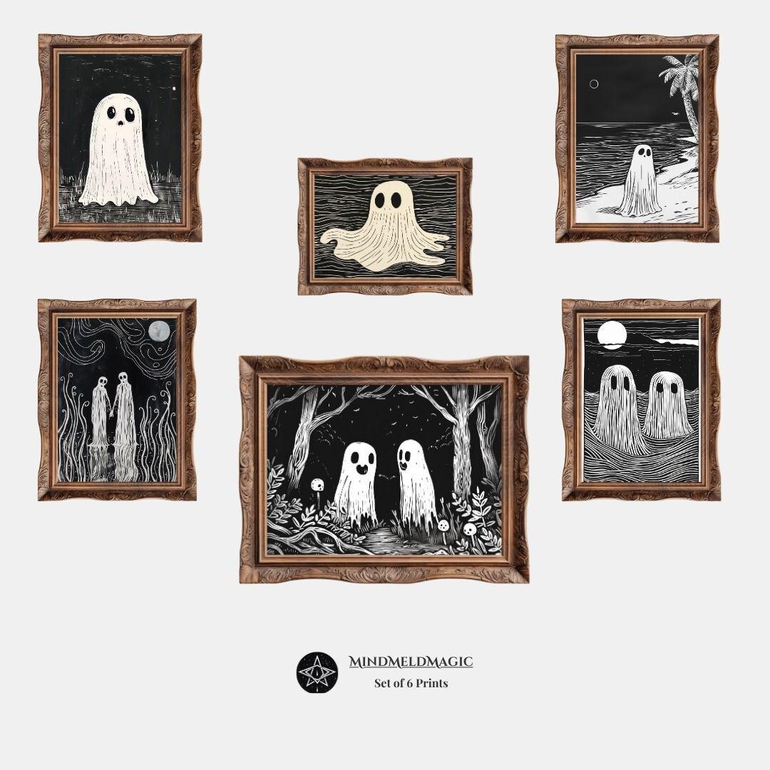 Cute Ghosts Set | Ghost Halloween Linocut Print, Set of 6 Vintage ...