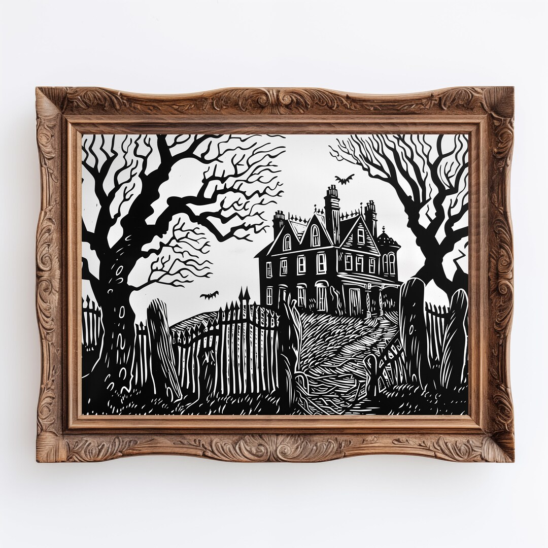 Haunted Manor | Spooky Haunted House Linocut Print, Ghostly Manor ...
