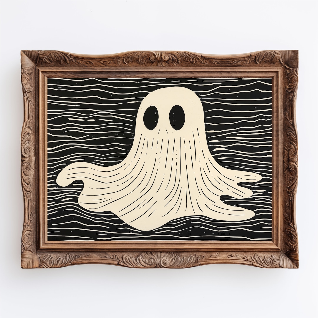 Lil' Ghost | Cute Ghost Linocut Print Halloween Illustration, Vintage ...
